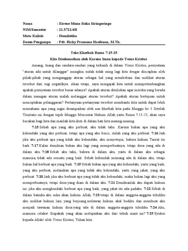 Teks Khotbah Roma 7 Ayat 15-25 | PDF