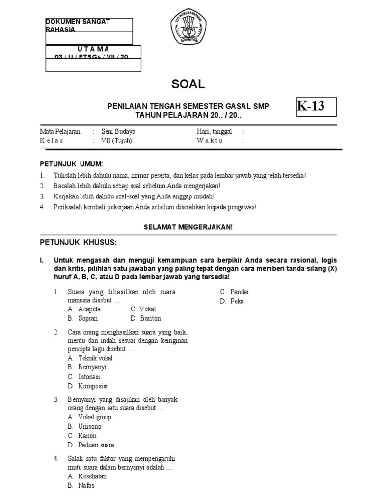 Soal PTS GSL 7 - Seni Budaya | PDF