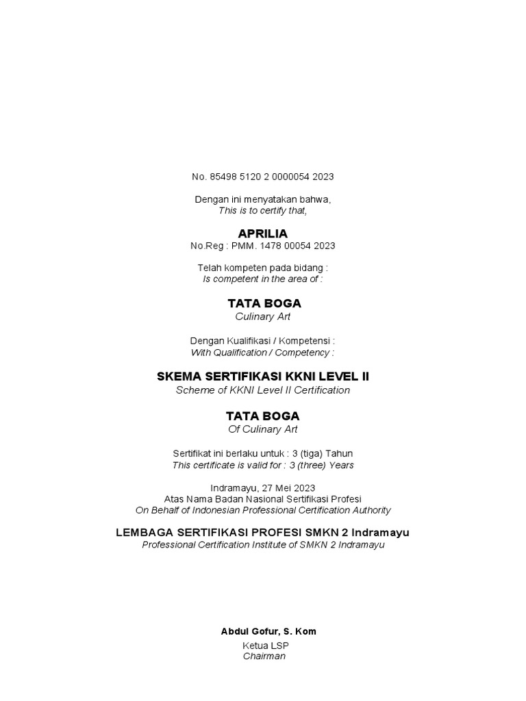 Sertifikat Kompetensi Tata Boga | PDF