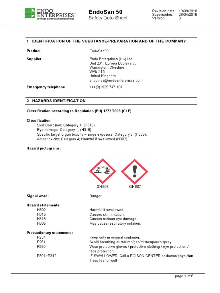 EndoSan50 SDS 2018 | PDF | Hydrogen Peroxide | Water