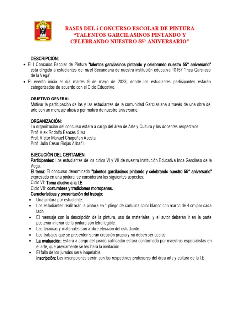 Bases Del I Concurso Escolar de Pintura-2023 | PDF | Pinturas | Dibujo