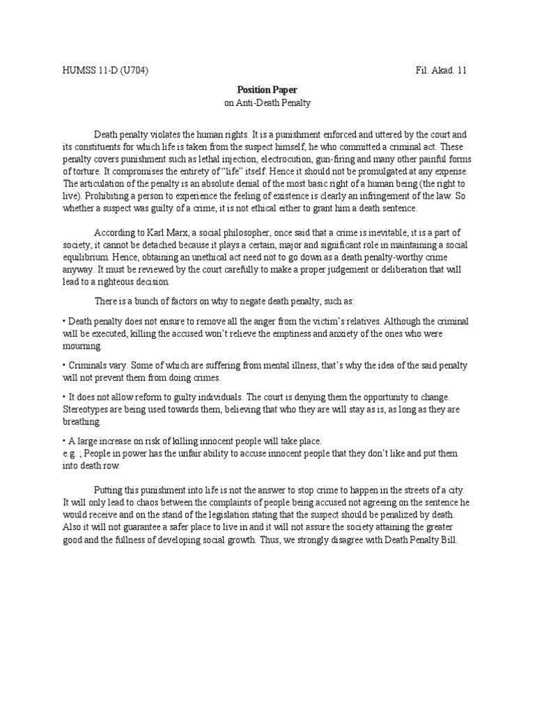 Position Paper Sample For HUMSS | PDF | Capital Punishment | Crimes