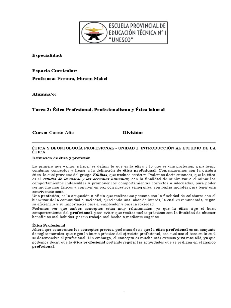 Tarea 2 Etica Profesional Profesionalismo y Etica Laboral | Descargar gratis PDF | Ética ...