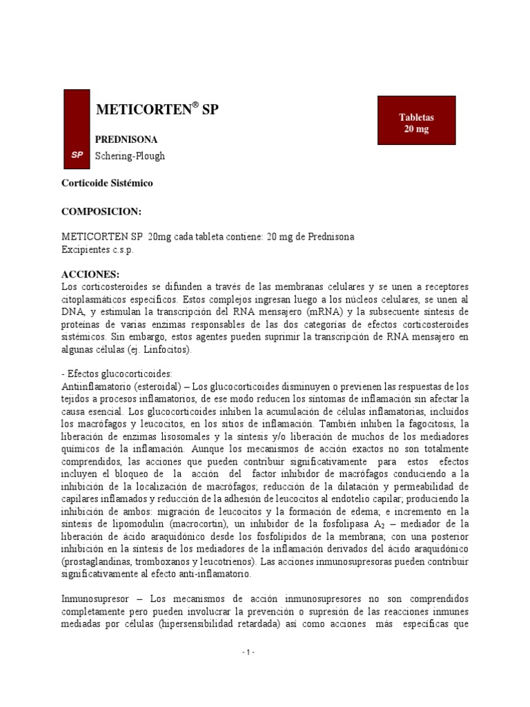 METICORTEN SP 20 MG Tabletas | PDF | Corticosteroides | Glucocorticoides