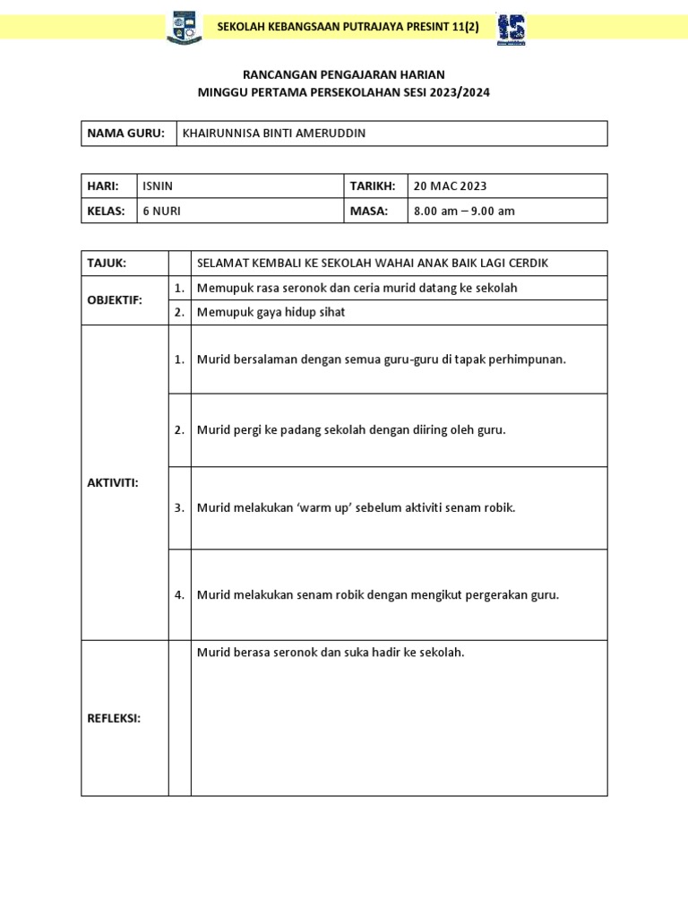 RPH Minggu 1 (Nisa) | PDF