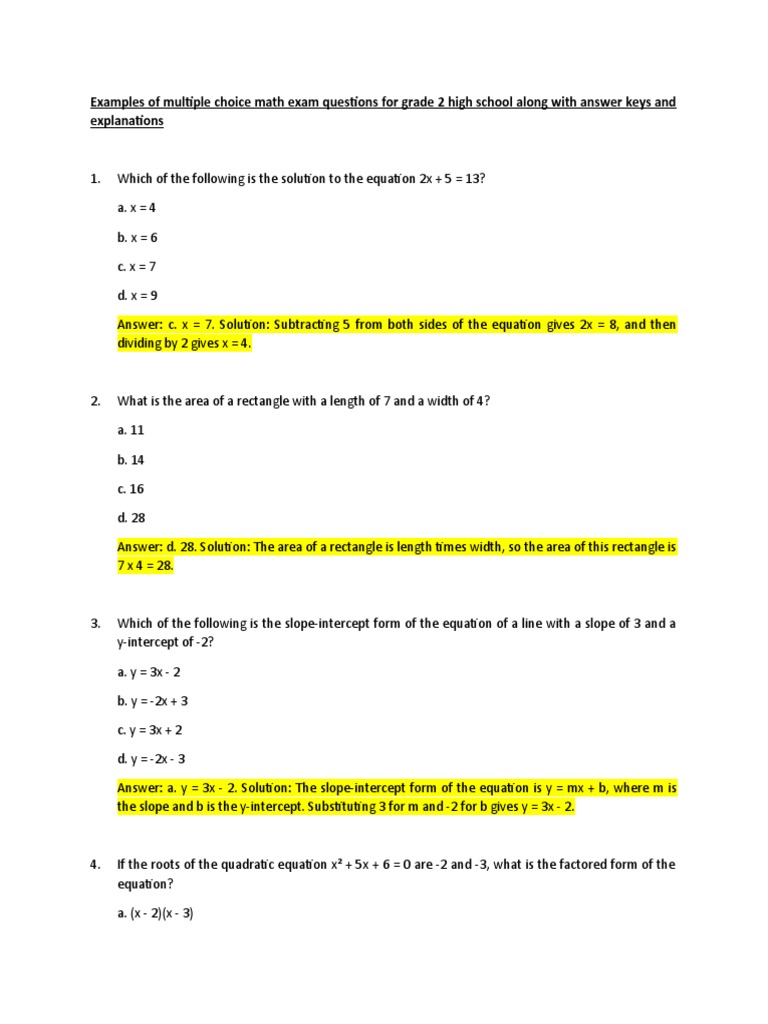 Examples of Multiple Choice Math Exam Questions For Grade 2 High School ...