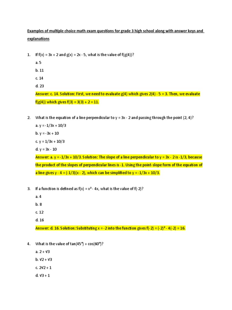 High School Math MCQ Examples and Answers | PDF | Quadratic Equation ...