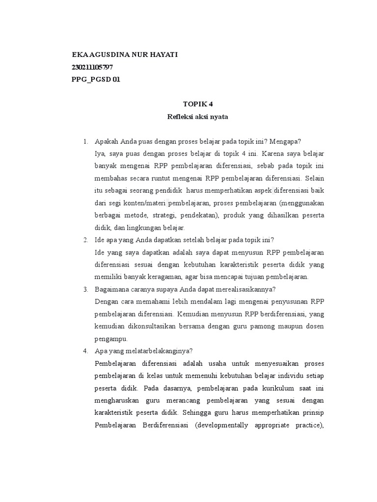 Topik 4 Aksi Nyata Pembelajaran Berdiferensiasi | PDF Topik 4 Aksi Nyata Pembelajaran Berdiferensiasi | PDF