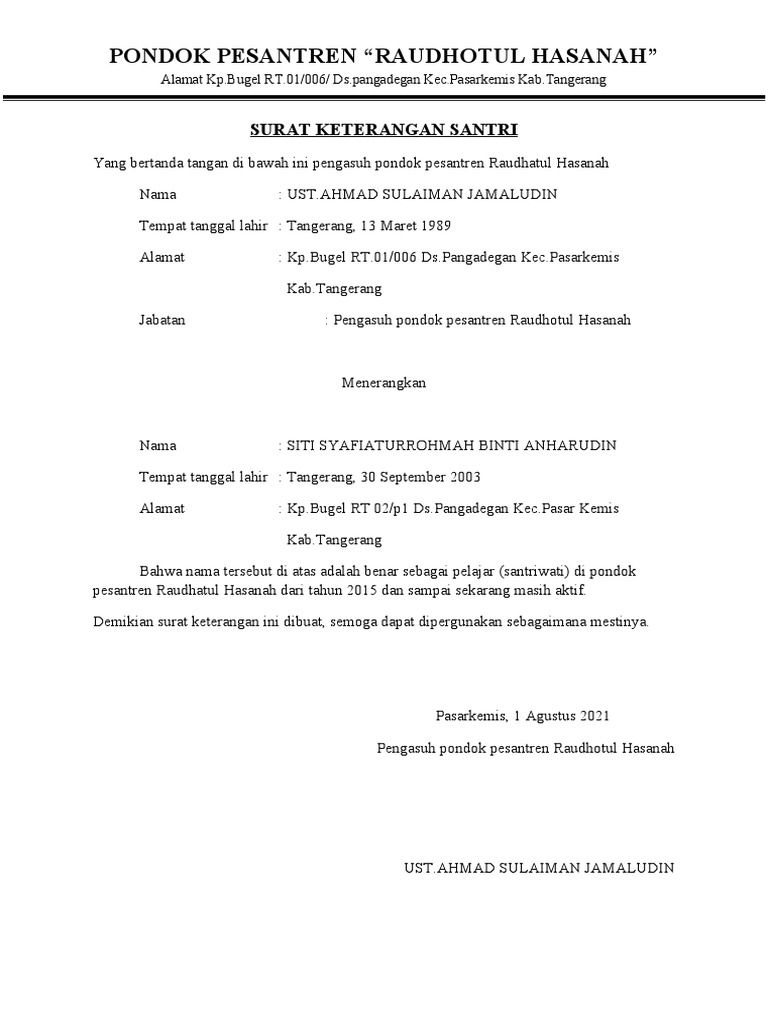 SURAT KETERANGAN Santri | PDF