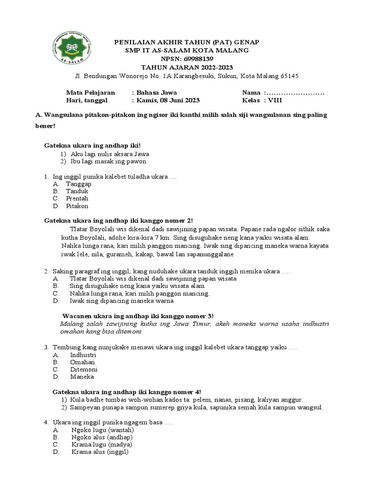 Soal Basa Jawa Pat Genap Kelas 8 2022 2023 | PDF