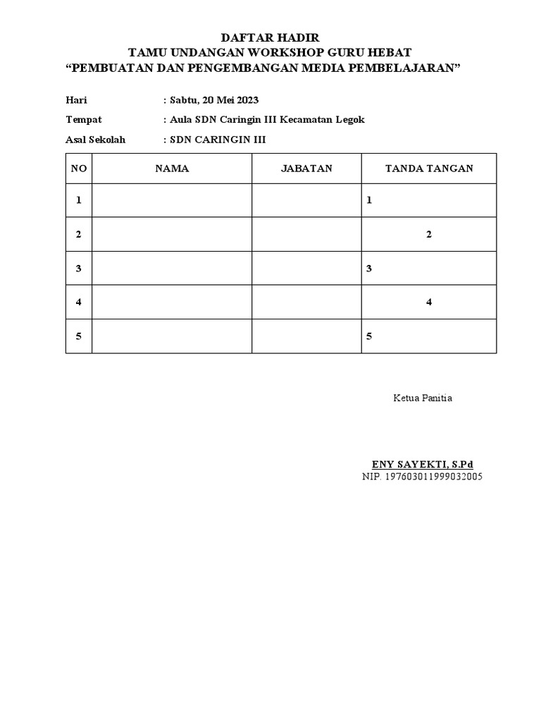 Daftar Hadir Tamu Undangan Workshop | PDF