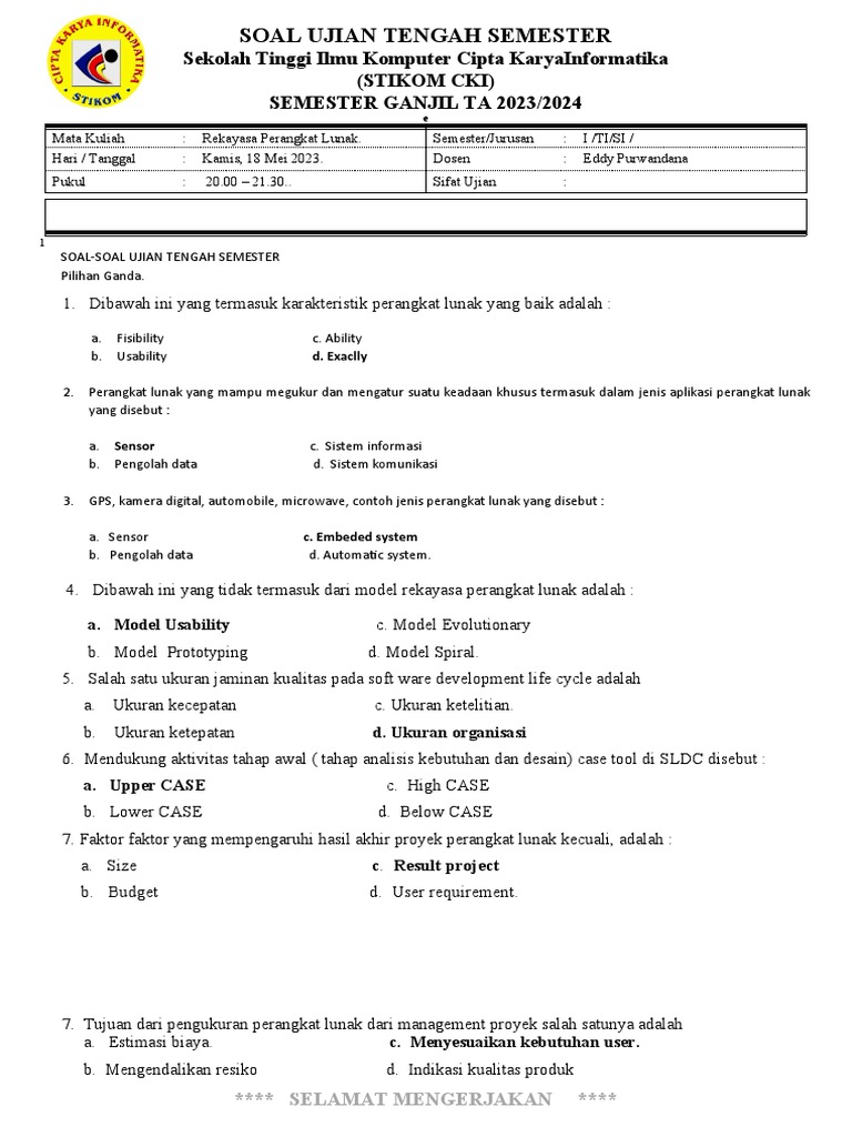 SOAL UTS Rekayasa Perangkat Lunak Putri Wulandari 21120110001 SI | PDF