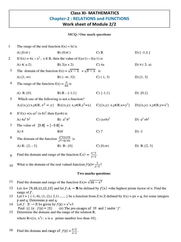 XI Maths Relations and Functions 2 of 2 Worksheet | PDF | Function ...