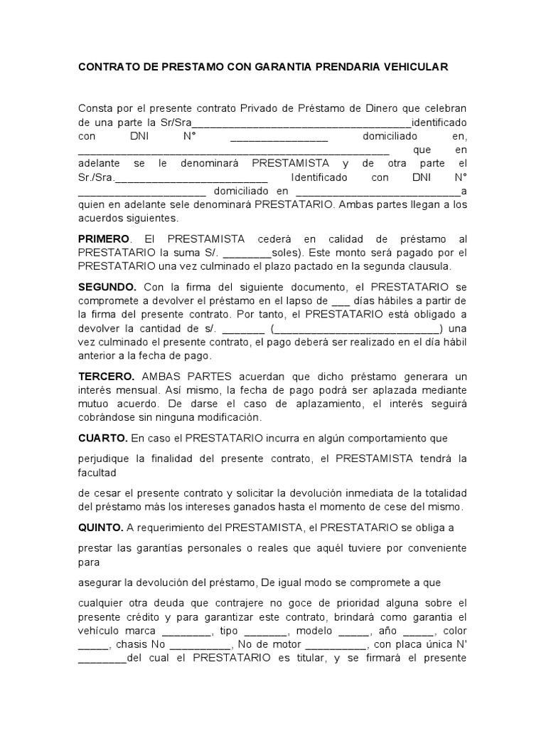 Contrato de Préstamo con Garantía Vehicular | PDF | Dinero | Derecho ...