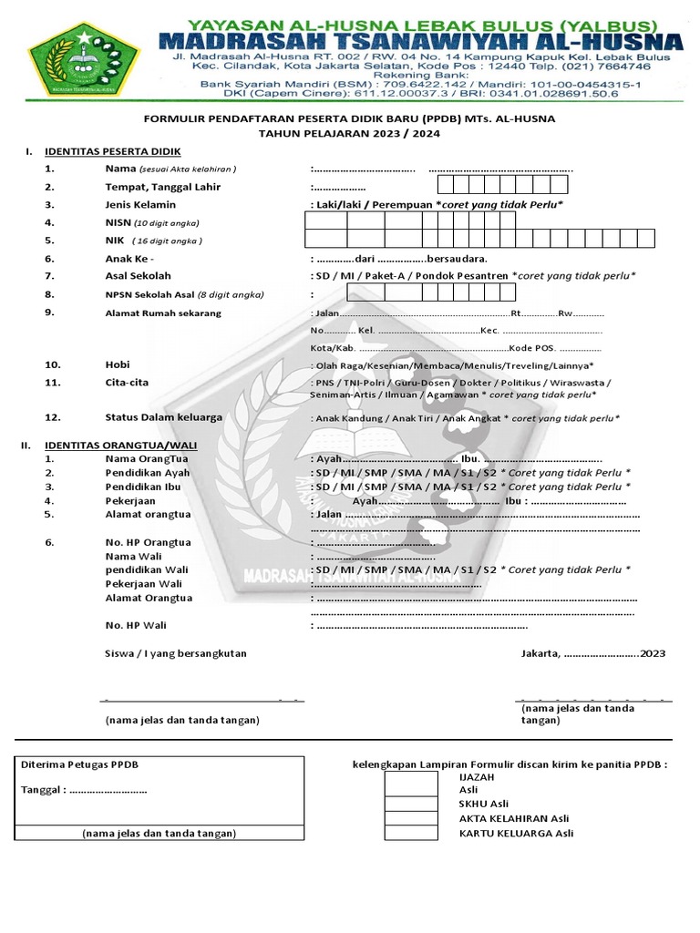 Formulir Pendaftaran Peserta Didik Baru | PDF