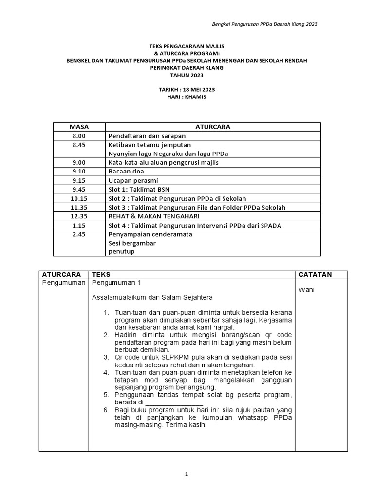Teks Bengkel Pengurusan Ppda Klang 2023 | PDF
