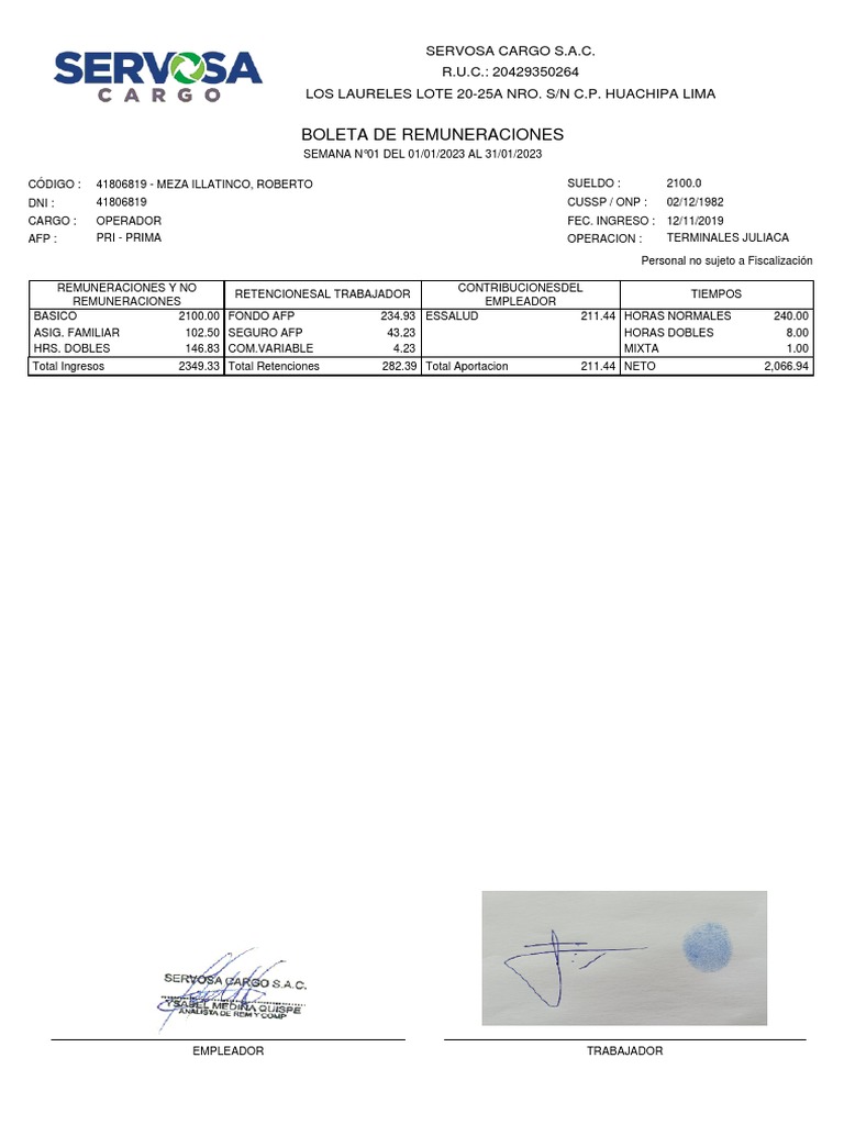 Boleta de Remuneraciones: Servosa Cargo S.A.C. R.U.C.: 20429350264 Los ...