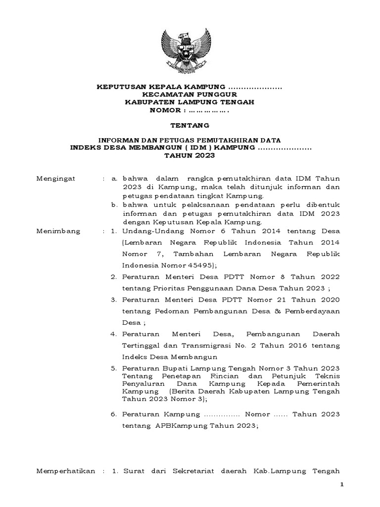 SK Kepala Kampung Indeks Desa Membangun IDM 2023 | PDF