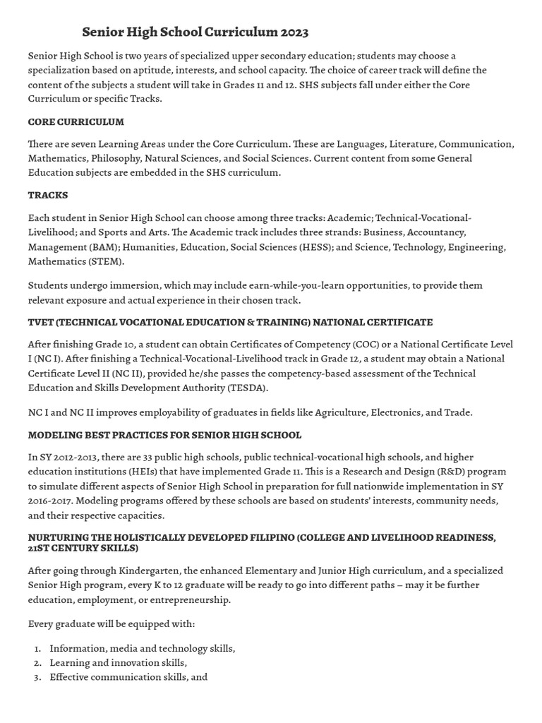 Senior High School Curriculum Overview 2023 | PDF | Vocational ...