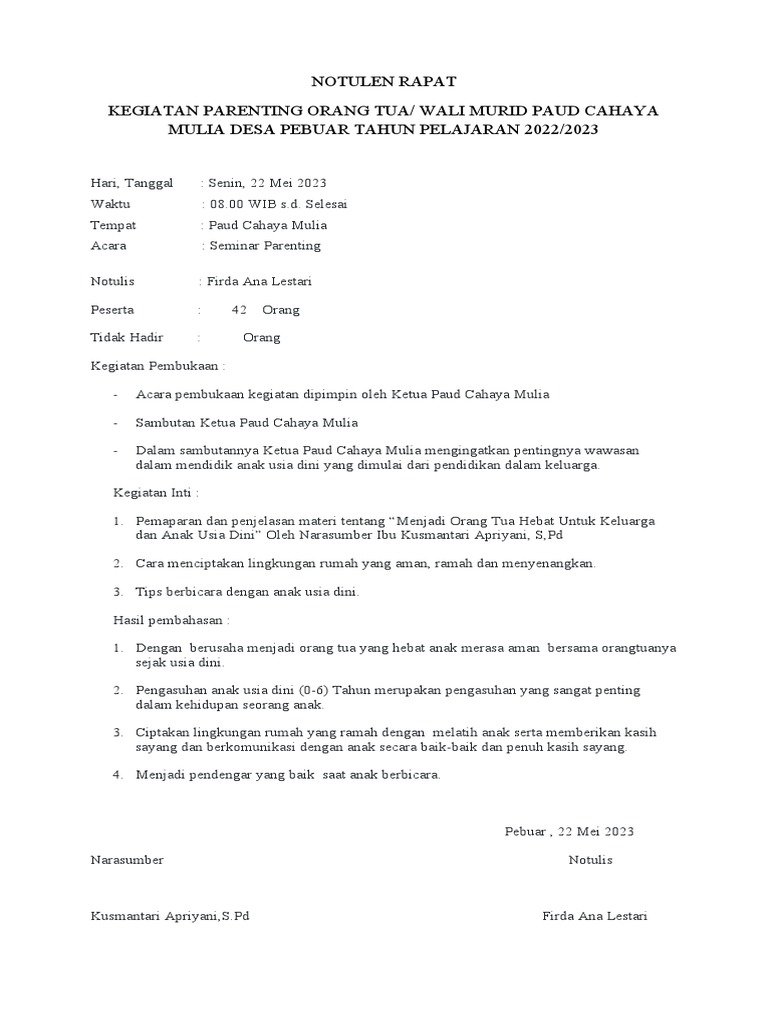 NOTULEN RAPAT Parenting 2023 | PDF