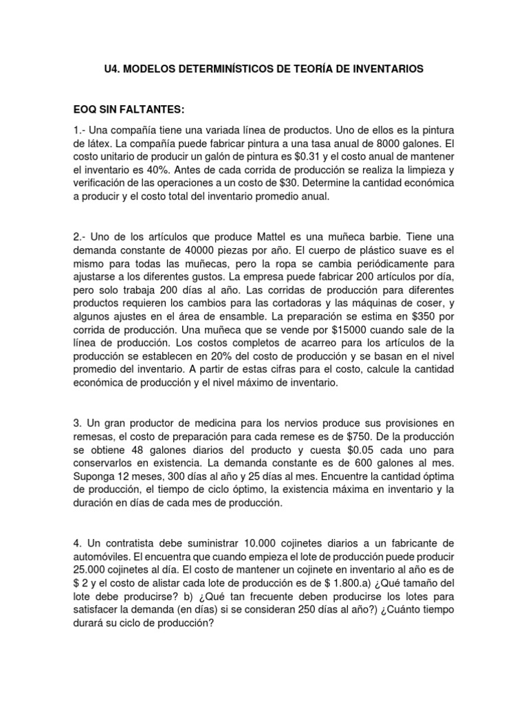 E2 - Problemario U4. Teoría de Inventarios | PDF | Inventario | Producción y fabricación