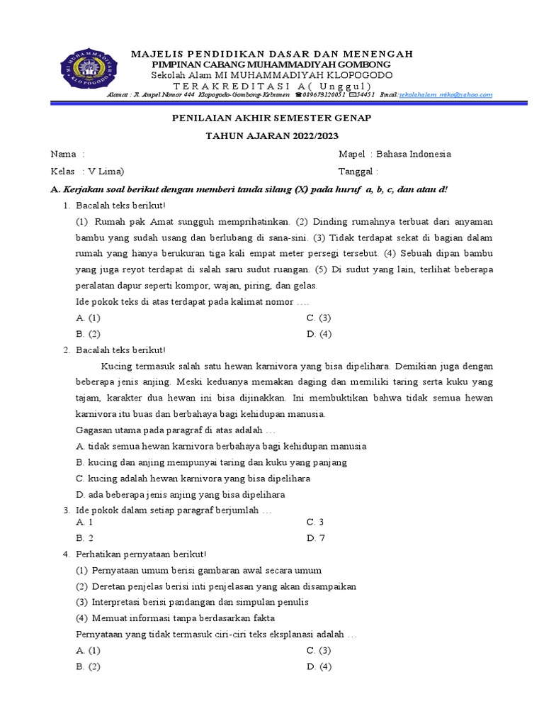 Instrumen Penilaian Soal B. Indonesia | PDF