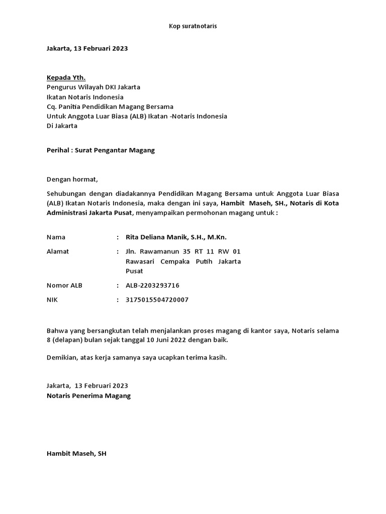SURAT Pengantar Maber I - Rita Manik | PDF
