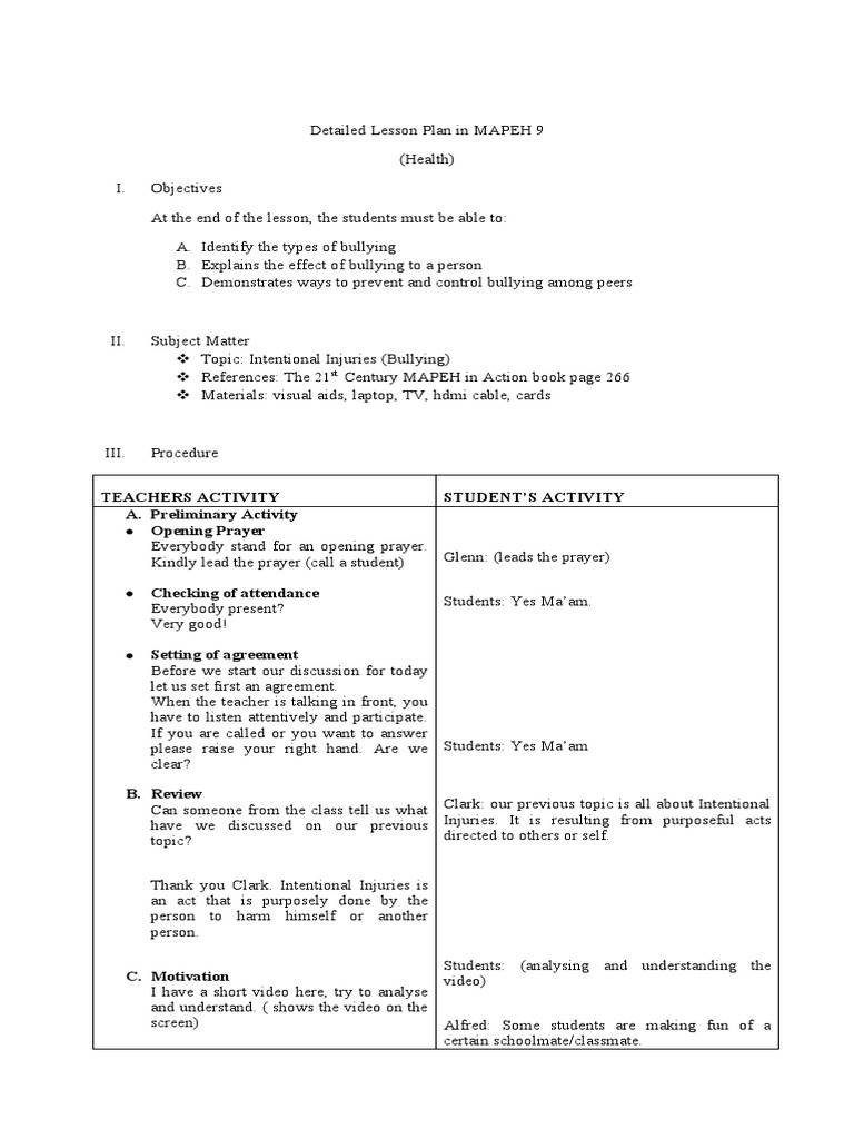 Detailed Lesson Plan in MAPEH 9 | PDF | Bullying | Cyberbullying