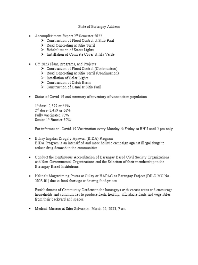 2023 State of Barangay Address Summary | PDF | Science & Mathematics