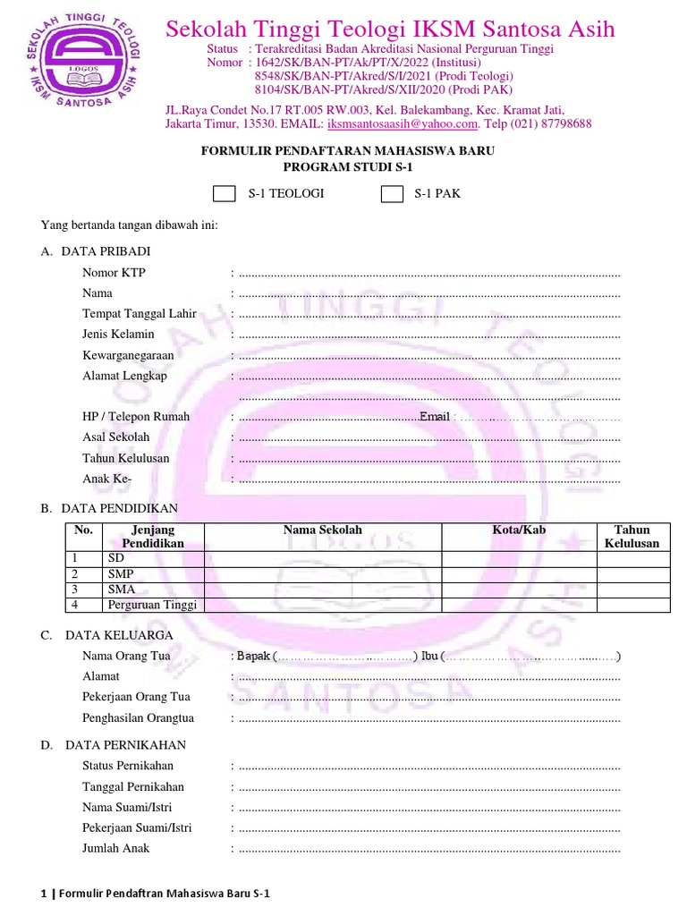 Formulir Pendaftaran Mahasiswa STT IKSM | PDF