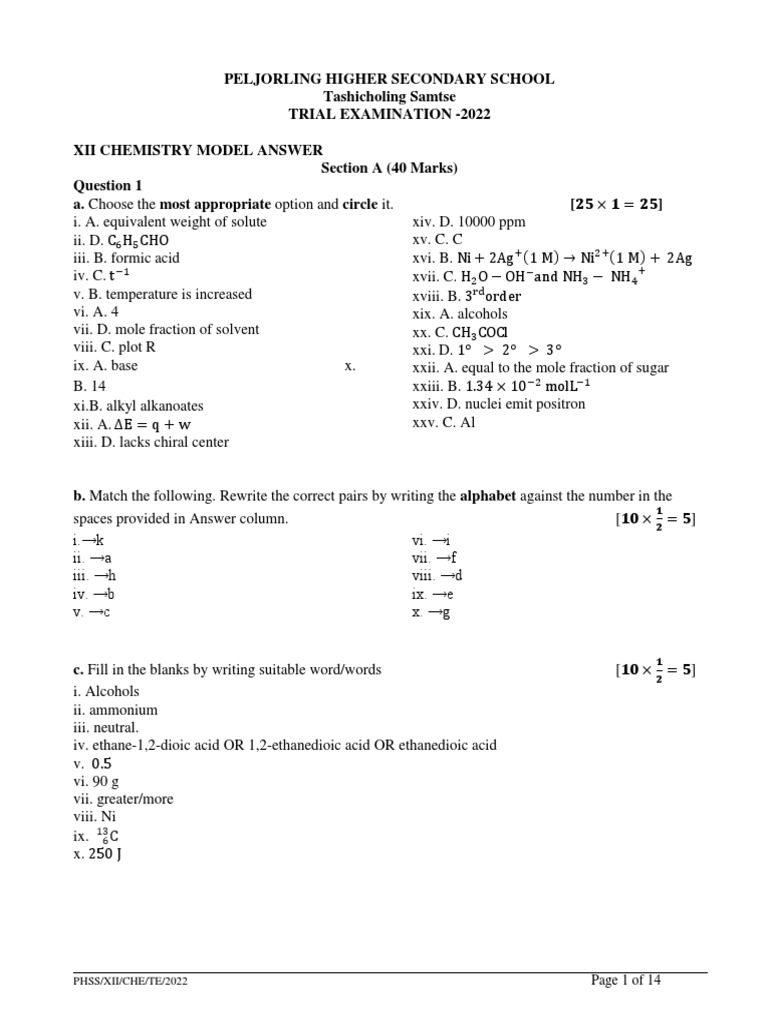 Model Answer Trial XII 2022 | PDF | Fat | Acid