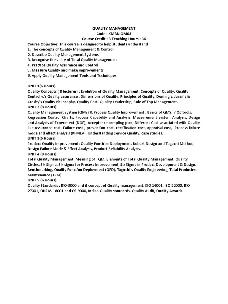 Quality Management-Notes | PDF | Quality (Business) | Quality Management