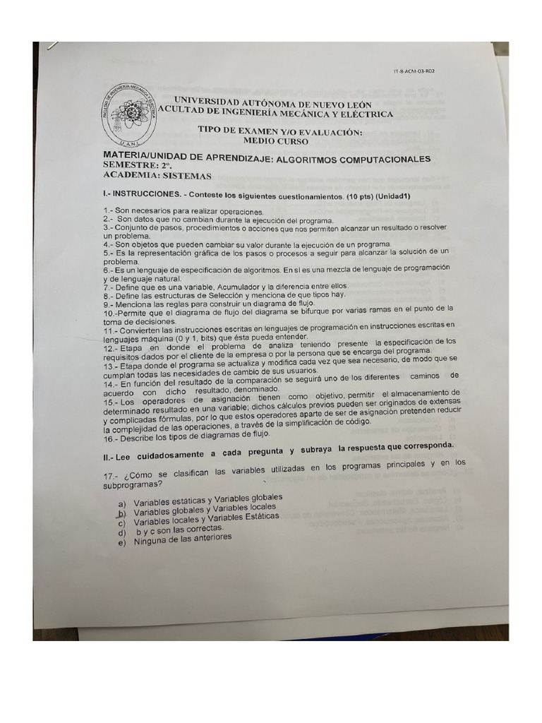 Examen MC Algoritmos | PDF