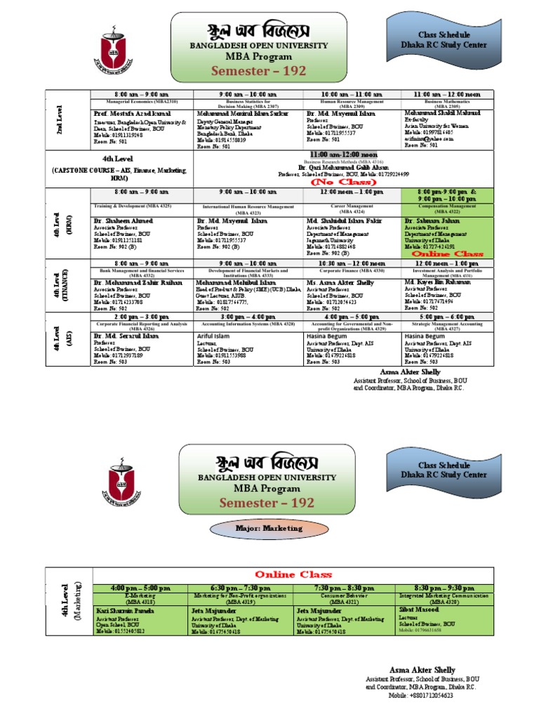 MBA Class Schedule 192 Semester- BOU | PDF | Business | Master Of ...