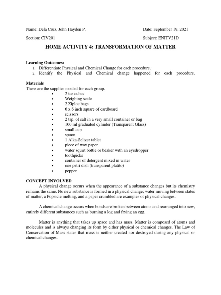 Chemistry Lab: Matter Transformations | PDF | Water | Chemistry