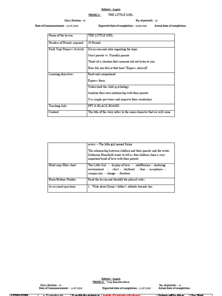 Lesson Plan - The Little Girl | PDF | English Language | Love