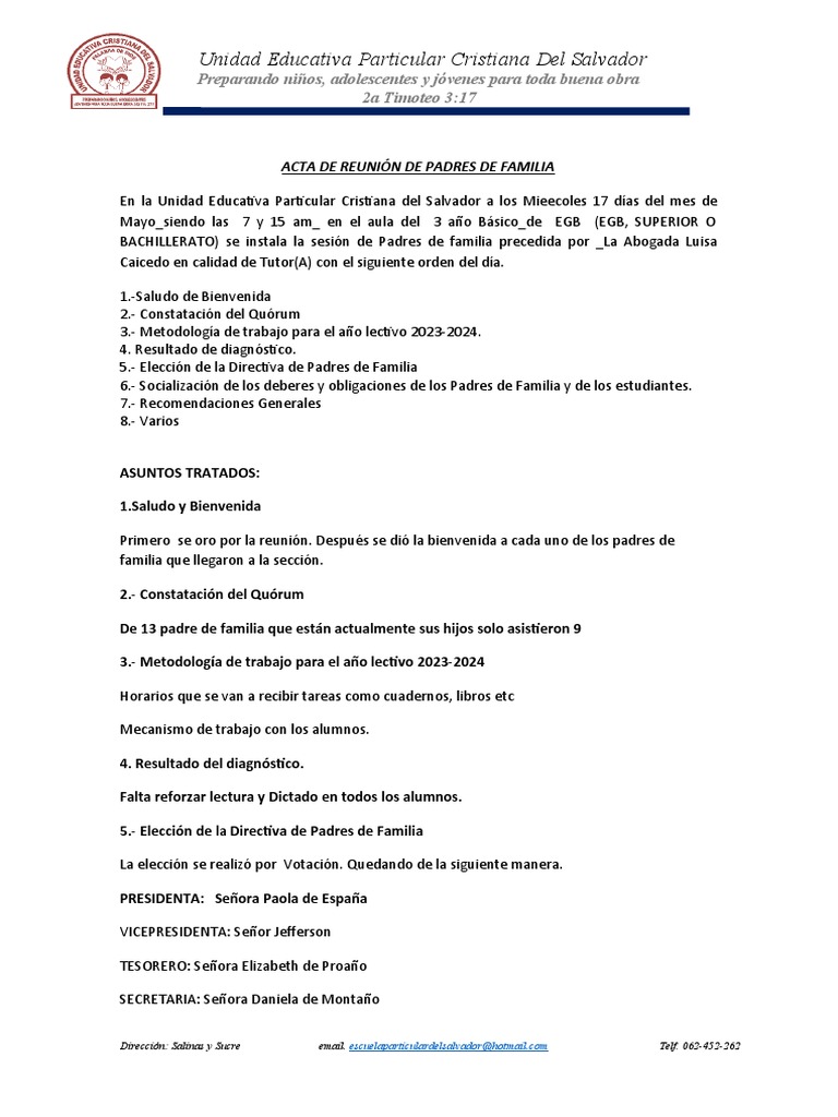 Acta de Reunion de Padres de Familia | PDF