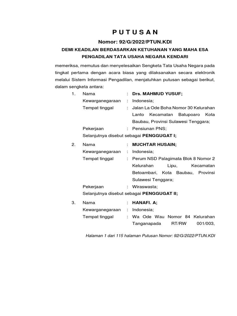 Salinan Putusan 92 G 2022 PTUN KDI 2 | PDF