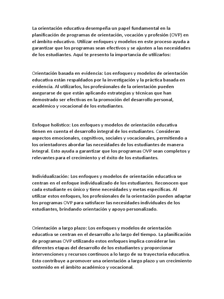 La Importancia de Utilizar Los Enfoques y Modelos de La Orientaciòn Educativa en La ...