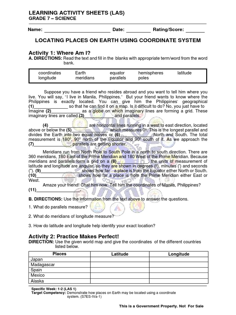 Science 7 Las 1 | PDF | Longitude | Latitude