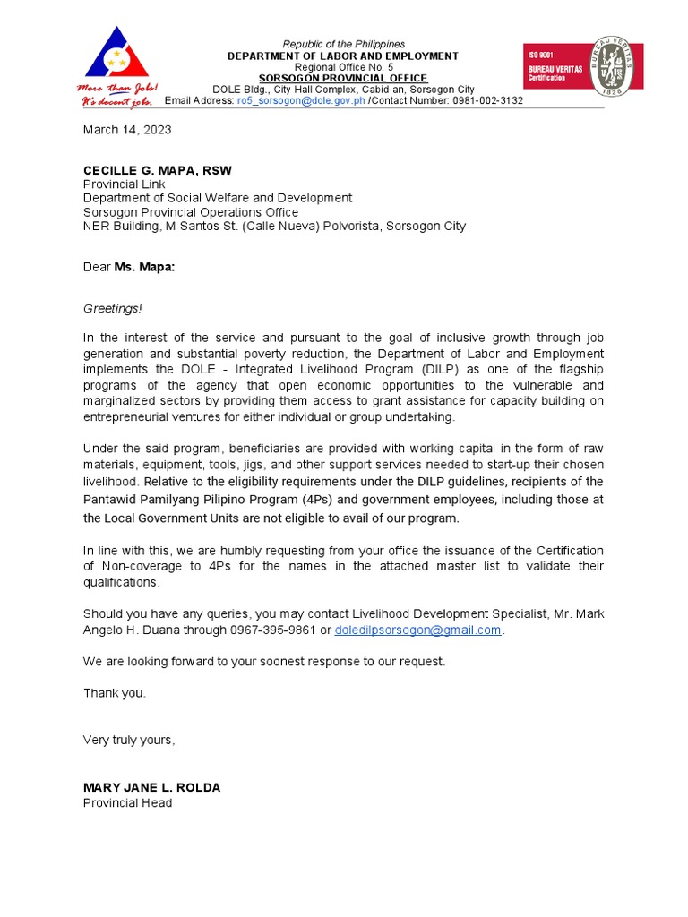 Request For Certification of Non-Coverage To 4Ps | PDF | Economies ...