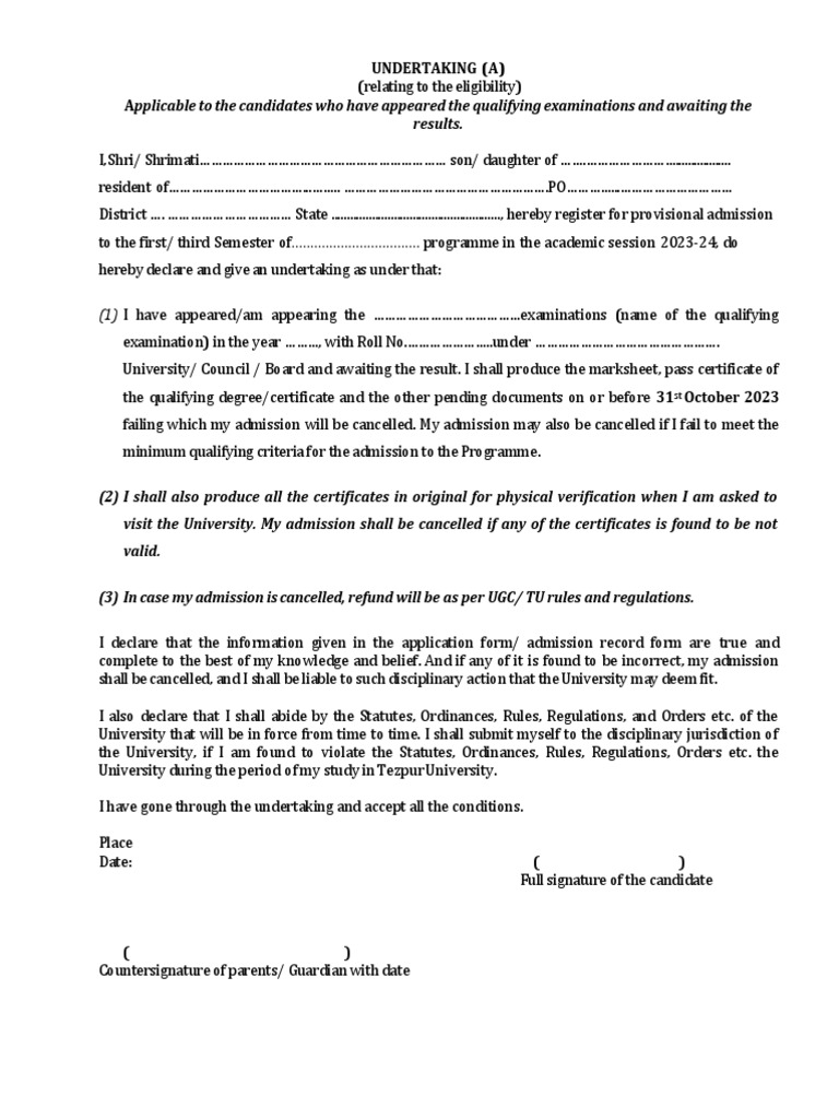 Undertaking For Admission 2023 24 Pass Appearing | PDF | University And ...