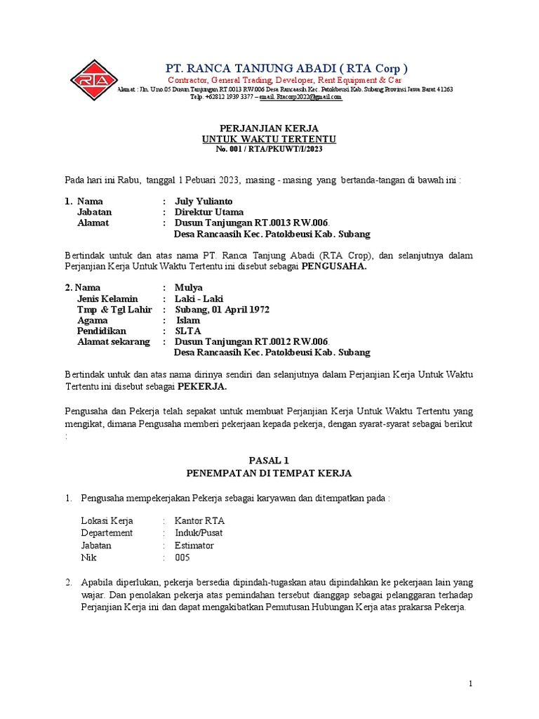 Contoh Kontrak Kerja Karyawan Baru | PDF
