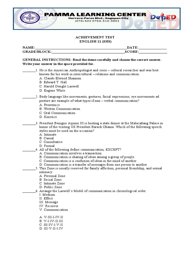 Achievement Test Grade 12 English | PDF | Communication | Poetry