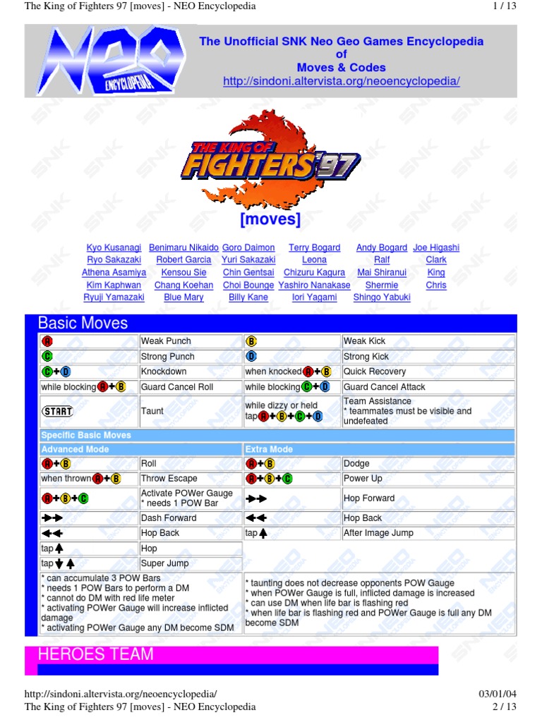 King of Fighters 97 Moves | PDF | Video Game Companies Of Japan ...