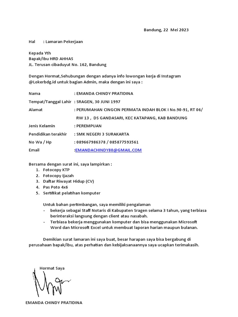 Surat Lamaran Ahhas Honda | PDF