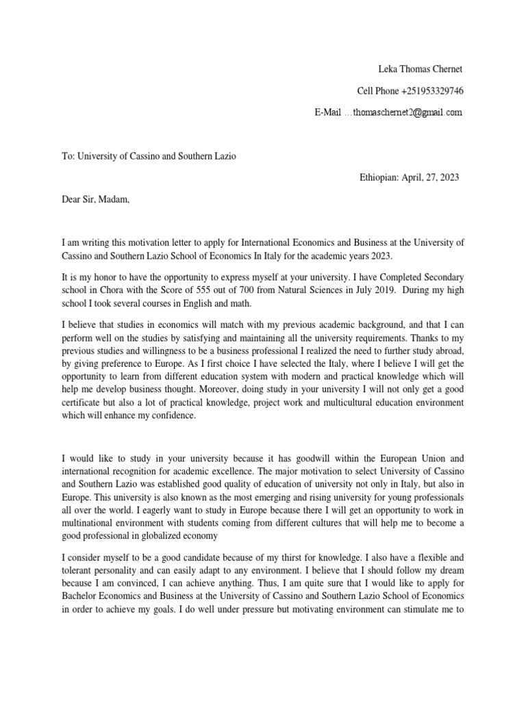 Letter of Motivation Thomas Chernet BSC in Econmics at University ...