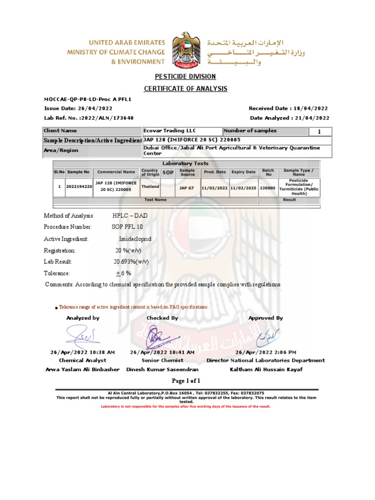 Imiforce Test Certificate | PDF | Chemistry