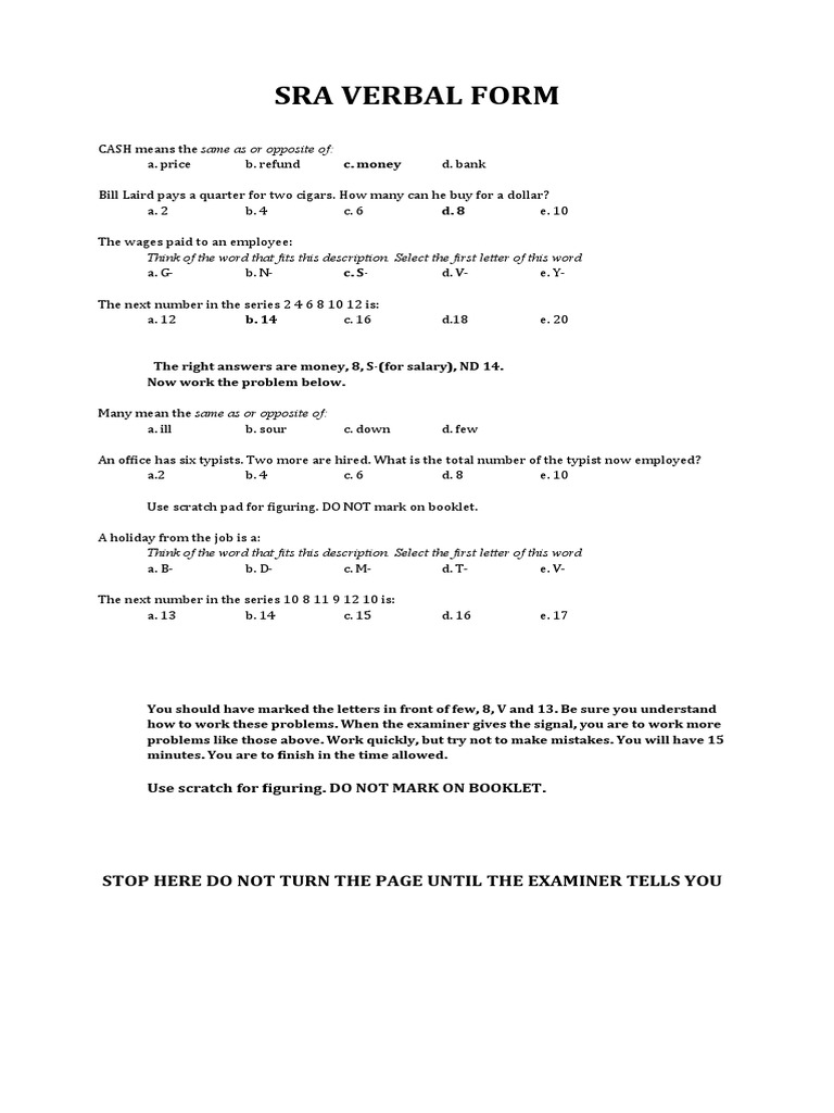 SRA Verbal Test Practice Questions | PDF | Business | Economies