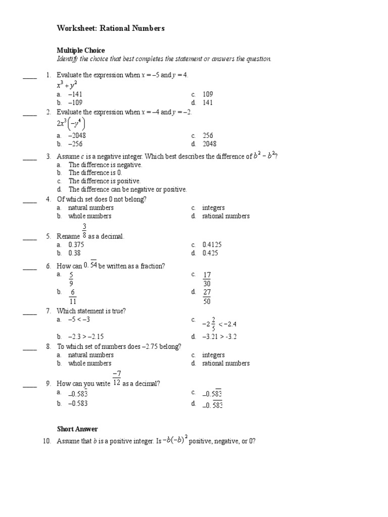 Worksheet Rational Numbers | PDF | Rational Number | Integer